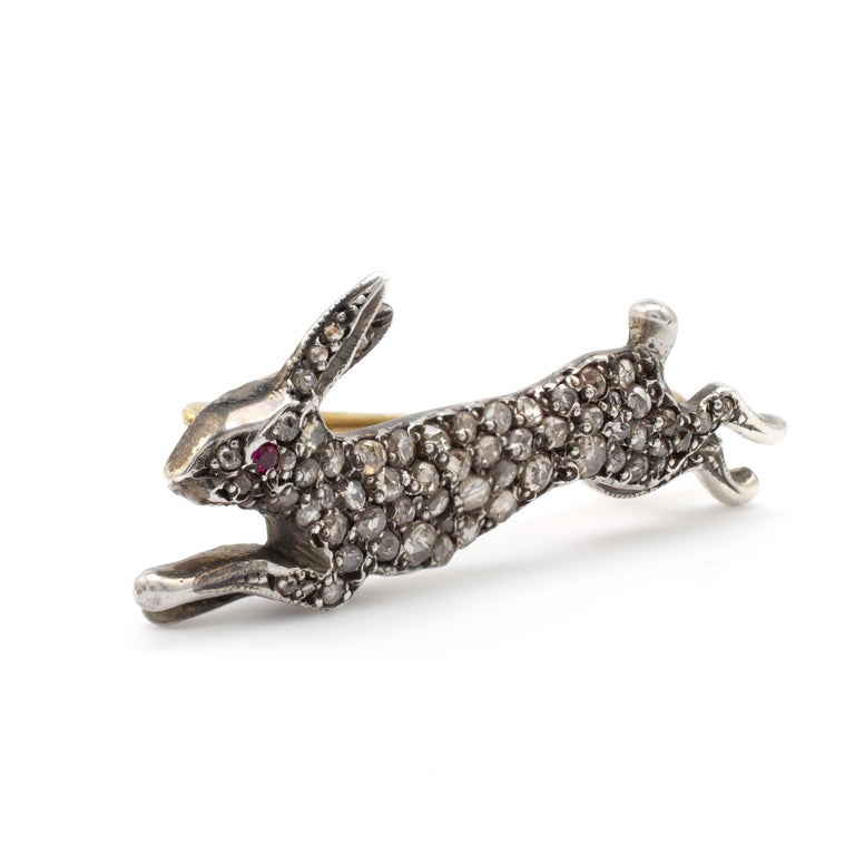 Antique Diamond Ruby Hare Rabbit Brooch 18 Karat Gold Circa 1920 at 1stDibs
