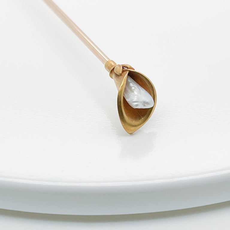 Antique 14 Karat Gold and Gold Filled Peace Lily Hat Pin with Keshi ...