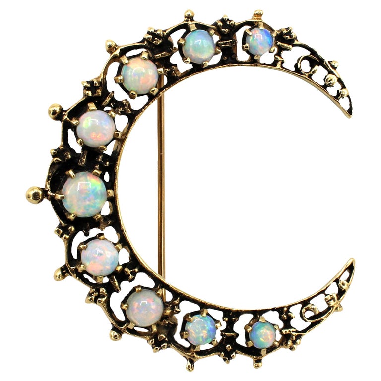 Antique 14 Karat Yellow Gold Opal Crescent Moon Brooch Pin at 1stDibs