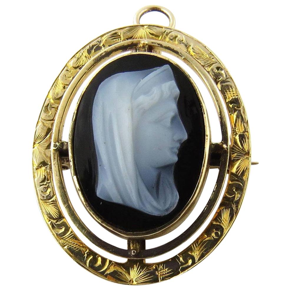 Sardonyx Antique Hard Stone Cameo Signed Pin Pendant Seed Pearls Yellow ...