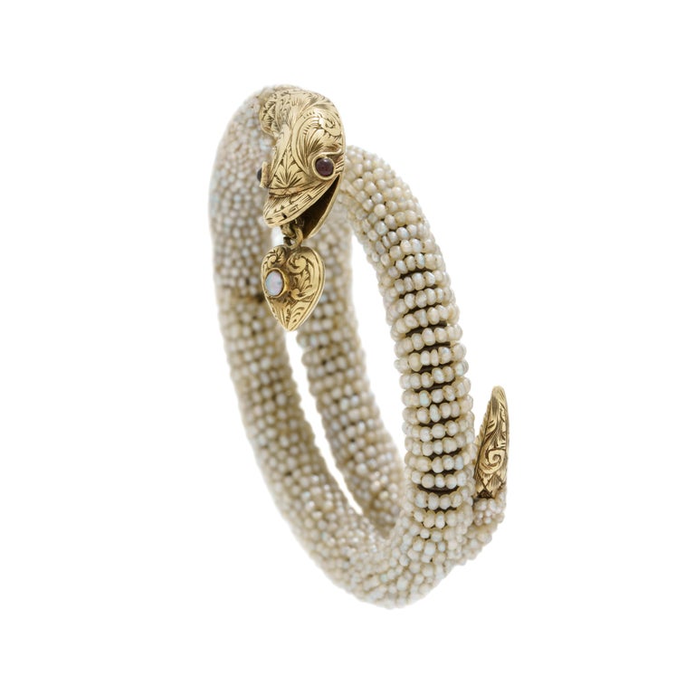Antique 14 Karat Yellow Gold Seed Pearl Snake Wrap Bracelet with Heart ...
