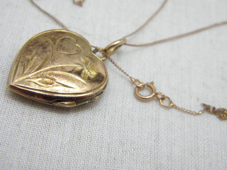 Antique 14ct Rose Gold Heart Locket Pendant Necklace Curb Chain 585 375 ...