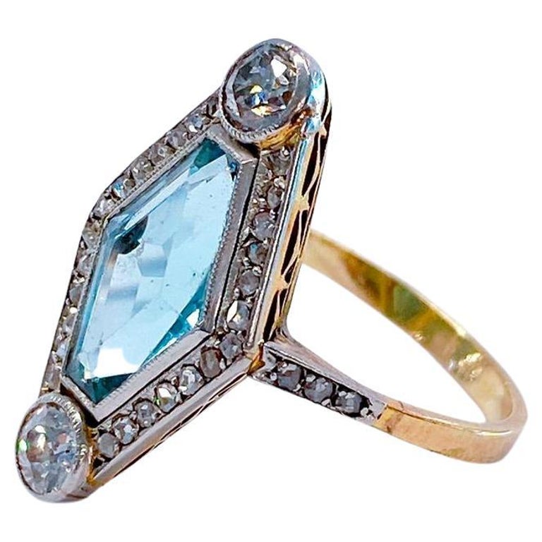 Antique 14k Gold Aquamarine Diamond Ring For Sale at 1stDibs