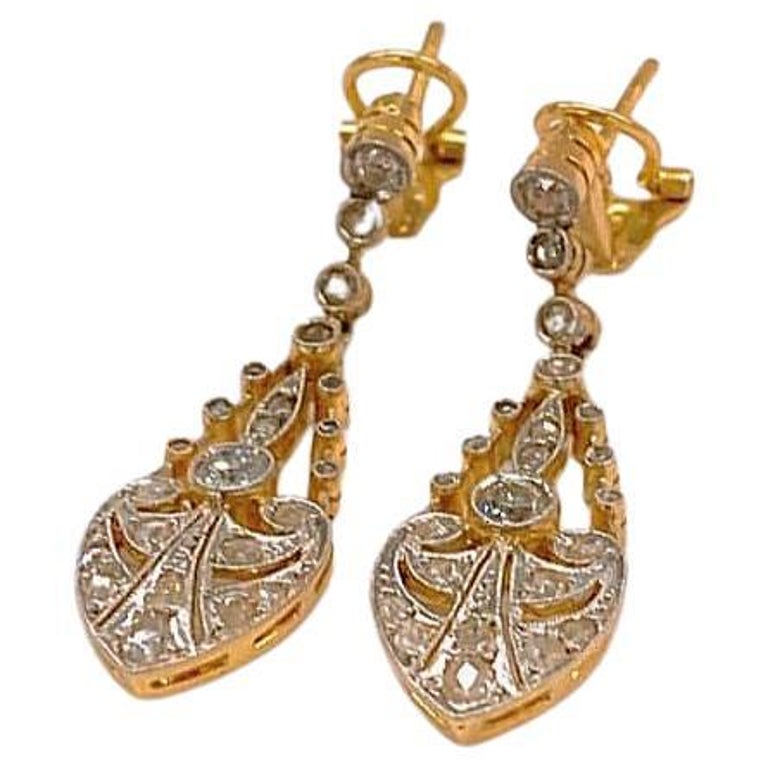 Antique 14k Gold Art Deco Diamond Earrings For Sale at 1stDibs