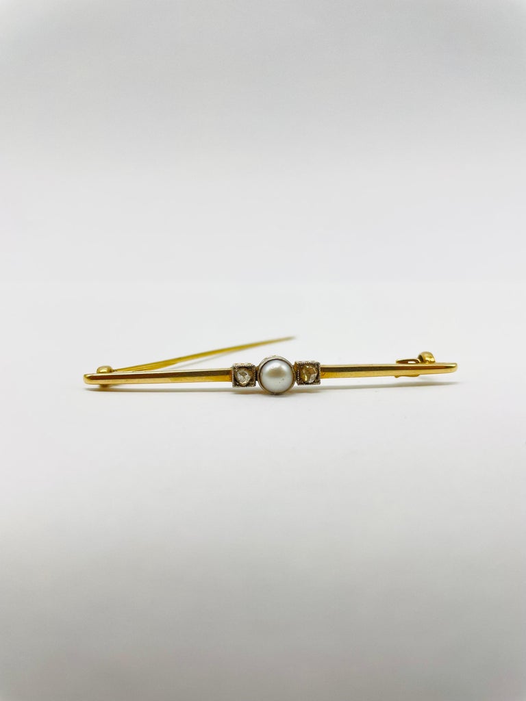 Antique 14k Gold Bar Brooch with Rose Cut Diamond and Pearl For Sale at ...