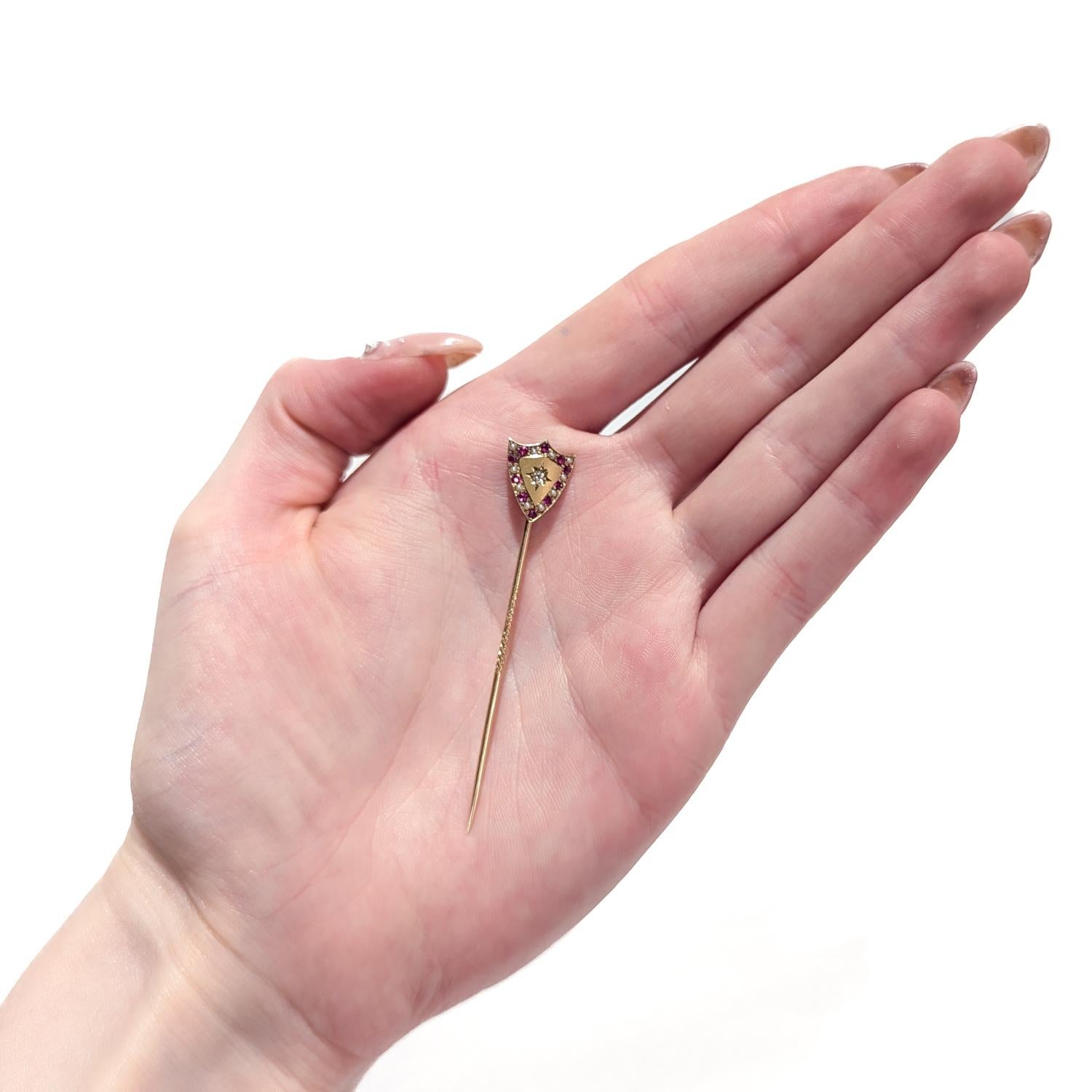 Antique 14k Gold, Diamond, and Red Spinel Gemstone Crest or Shield ...