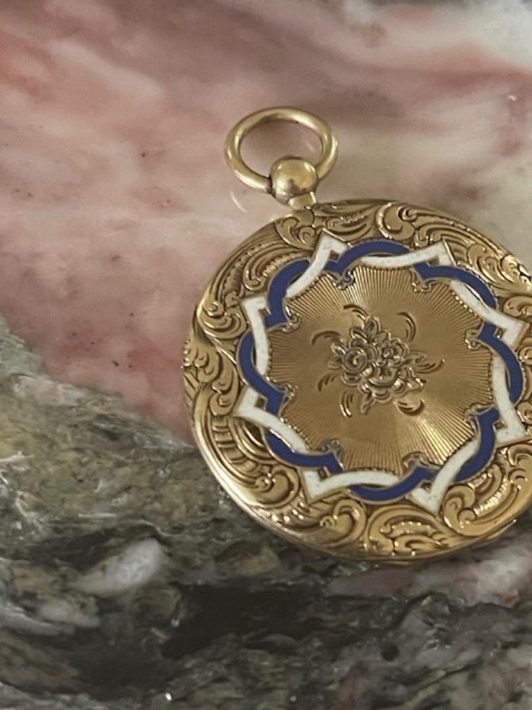 Antique 14k Gold Engraved and White and Blue Enamel Victorian Locket ...