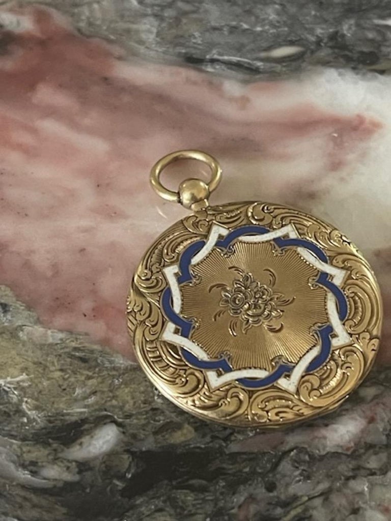 Antique 14k Gold Engraved and White and Blue Enamel Victorian Locket ...