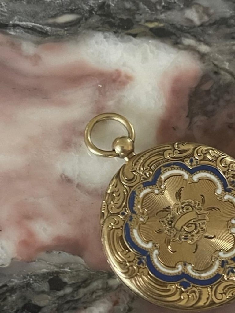 Antique 14k Gold Engraved and White and Blue Enamel Victorian Locket ...