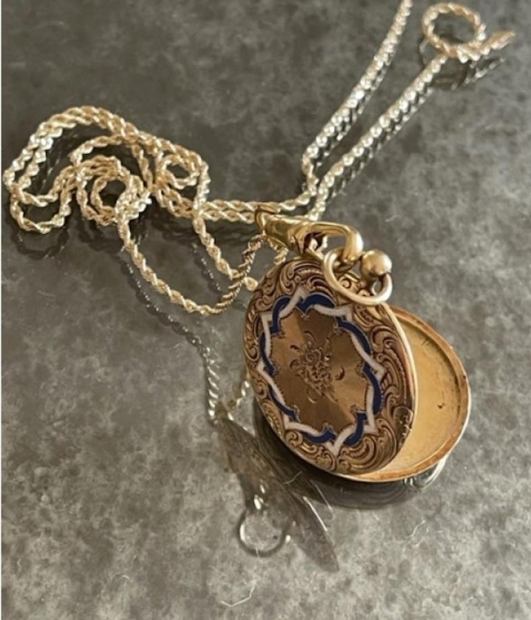 Antique 14k Gold Engraved and White and Blue Enamel Victorian Locket ...