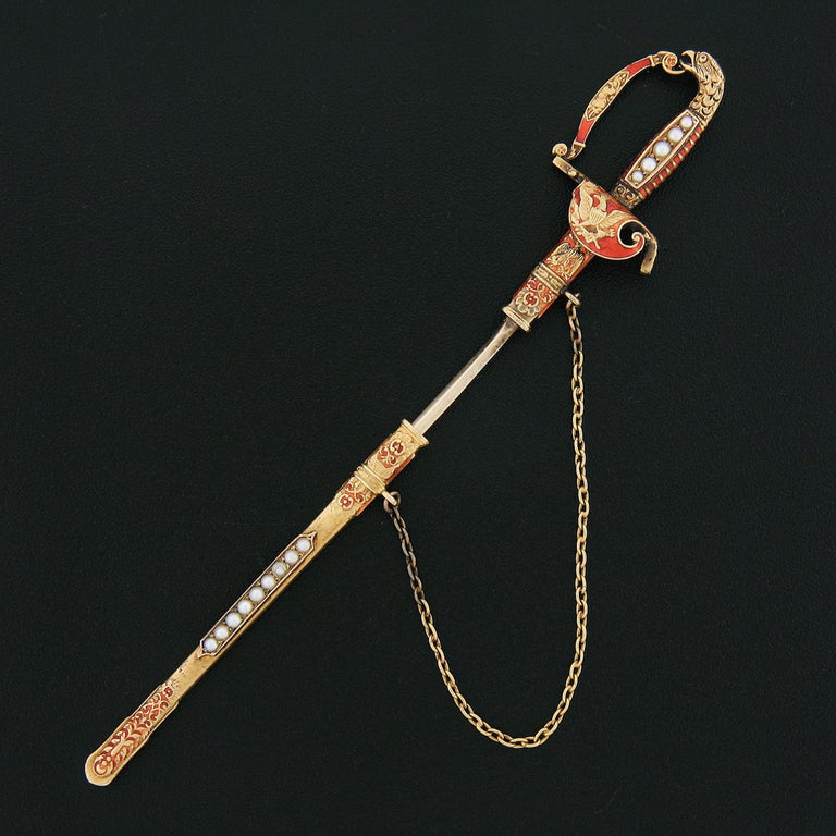 Antique 14k Gold Long Sword and Sheath Repousse Work Bird Enamel Handle ...