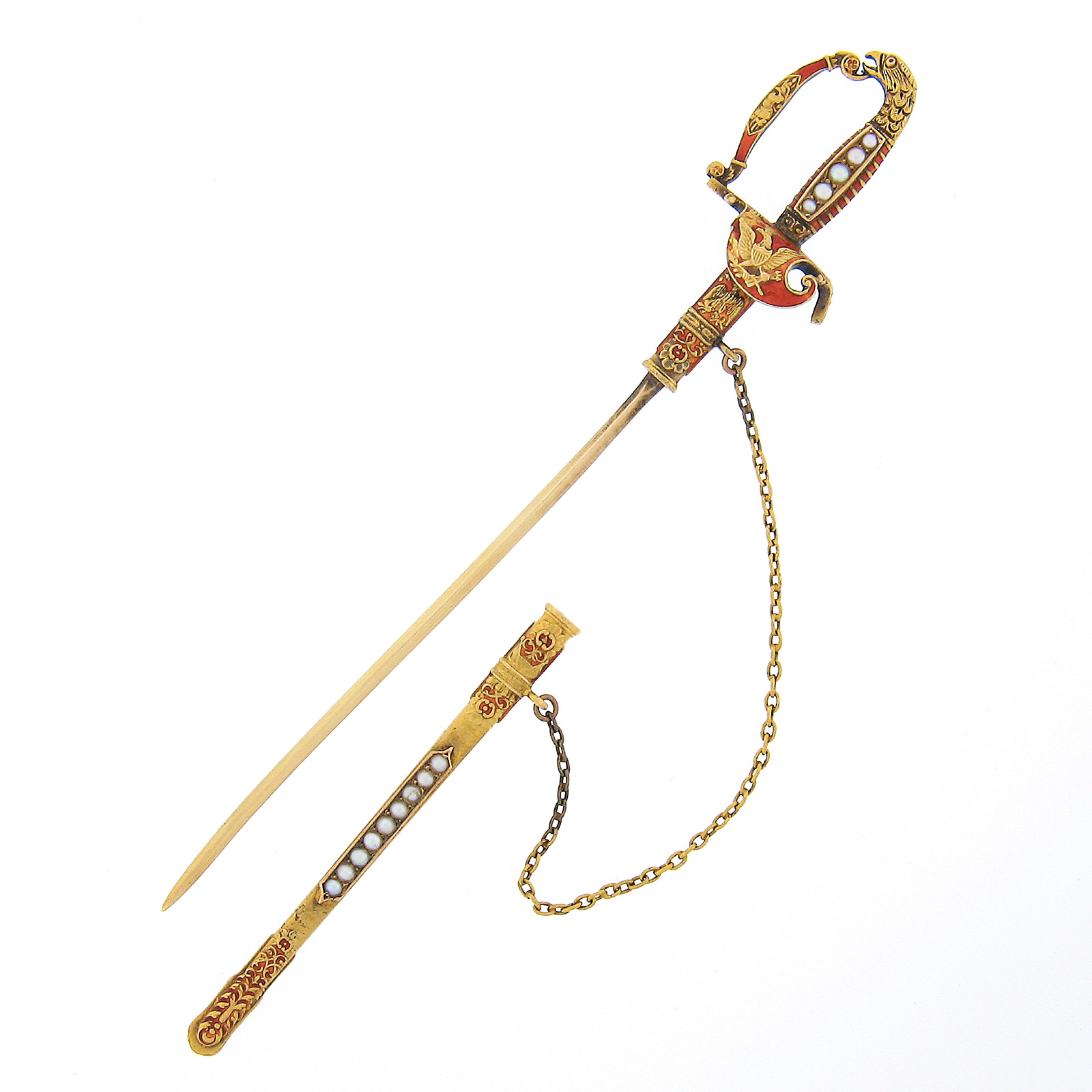 Antique 14k Gold Long Sword and Sheath Repousse Work Bird Enamel Handle ...