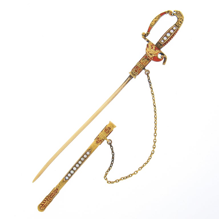 Antique 14k Gold Long Sword and Sheath Repousse Work Bird Enamel Handle ...