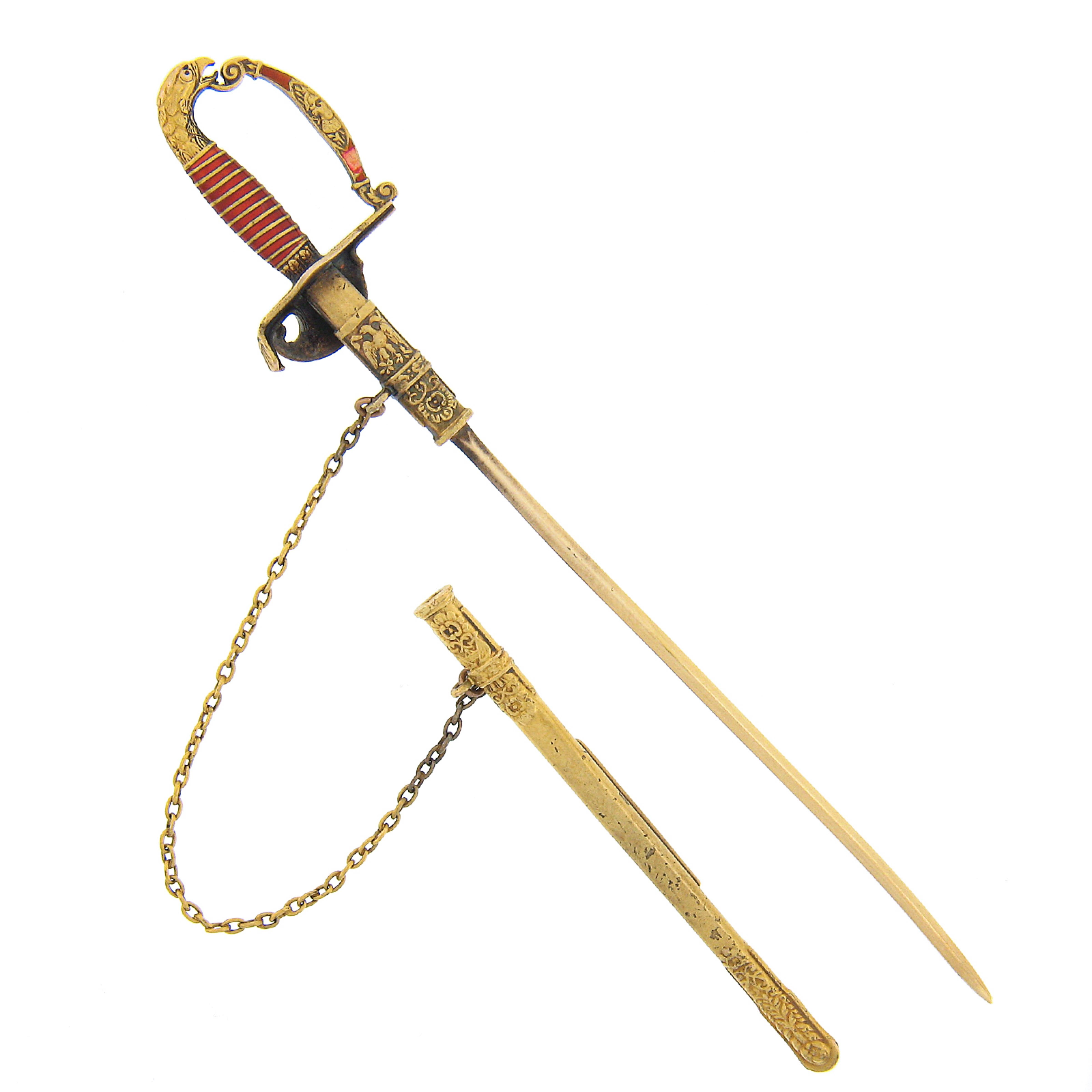 Antique 14k Gold Long Sword and Sheath Repousse Work Bird Enamel Handle ...