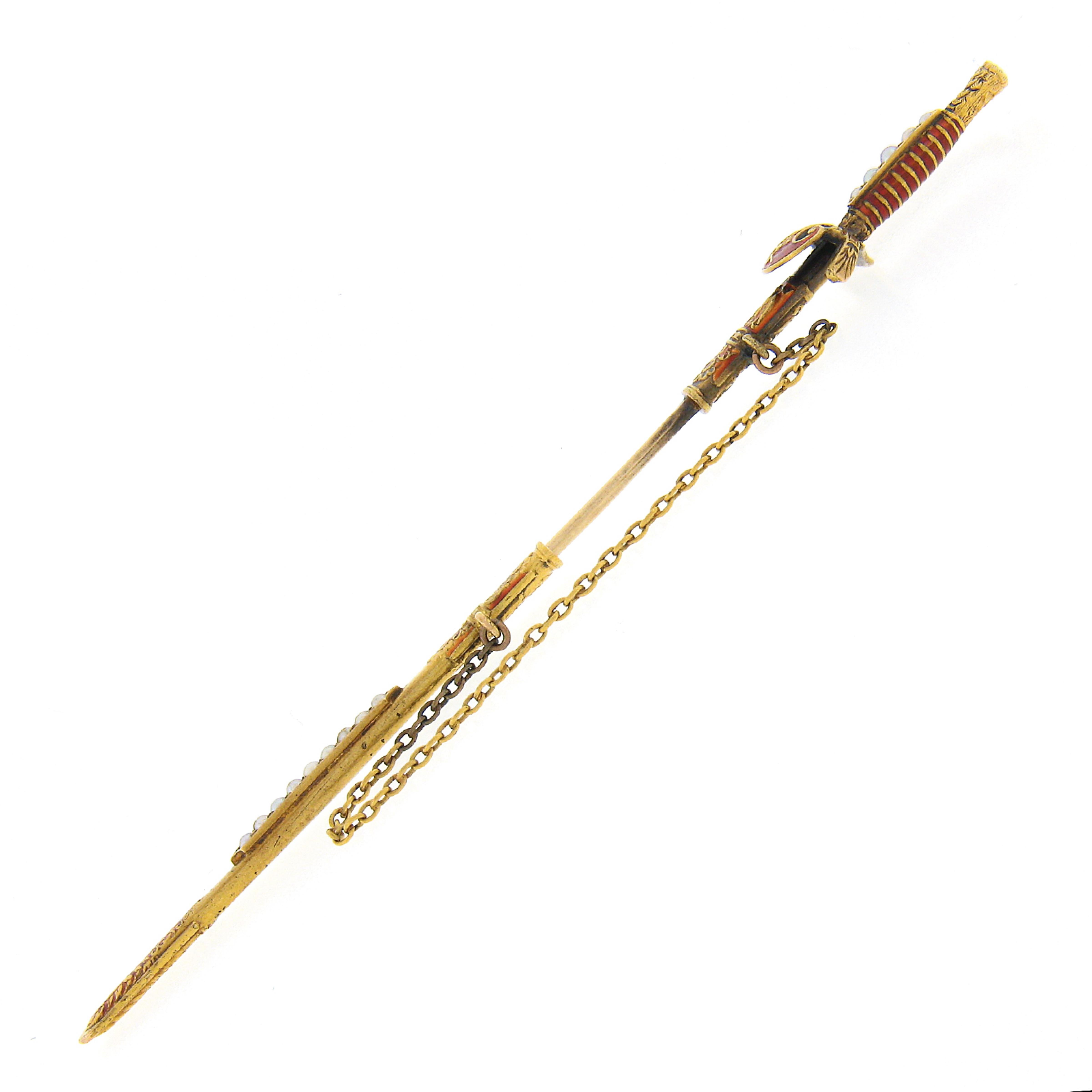 Antique 14k Gold Long Sword and Sheath Repousse Work Bird Enamel Handle ...