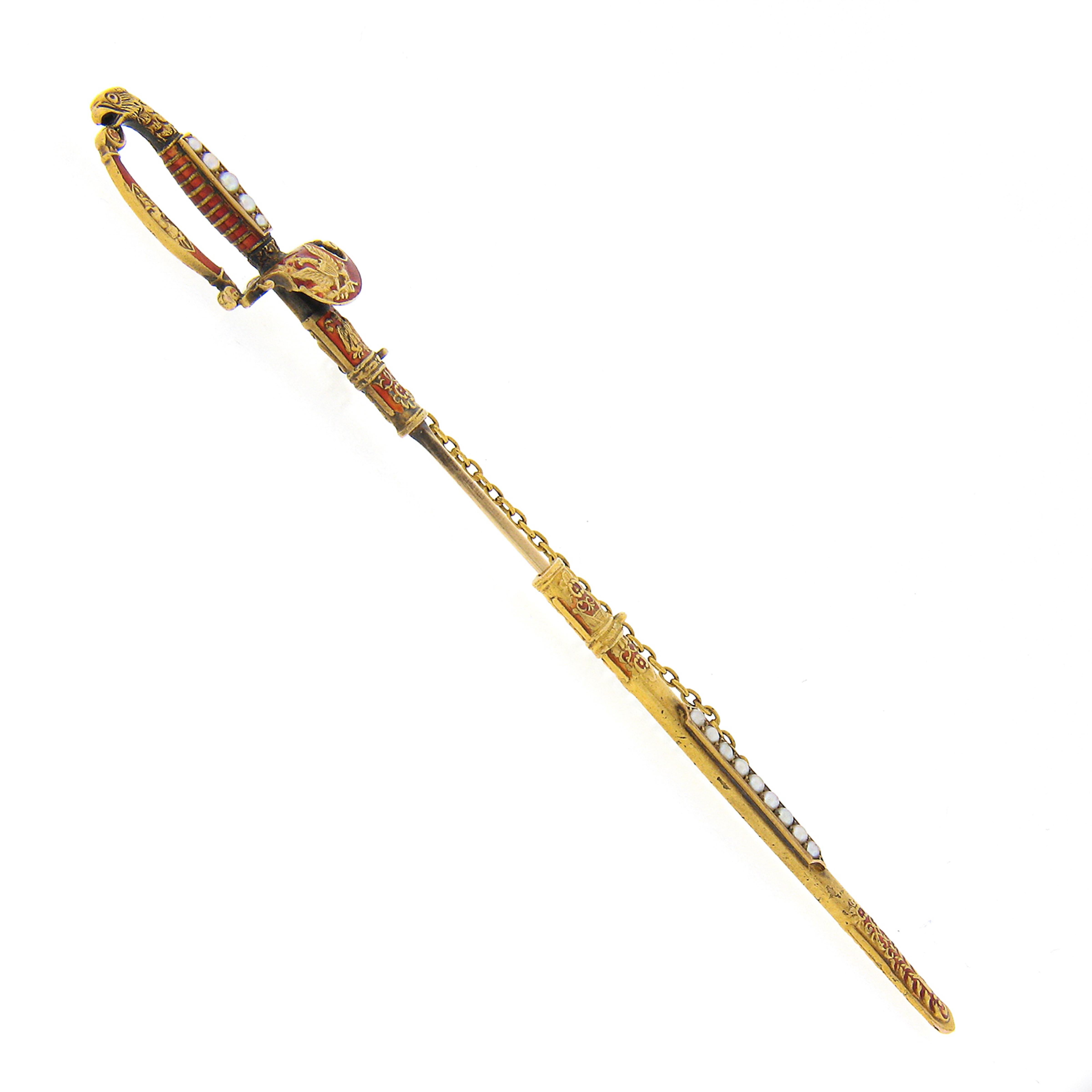 Antique 14k Gold Long Sword and Sheath Repousse Work Bird Enamel Handle ...