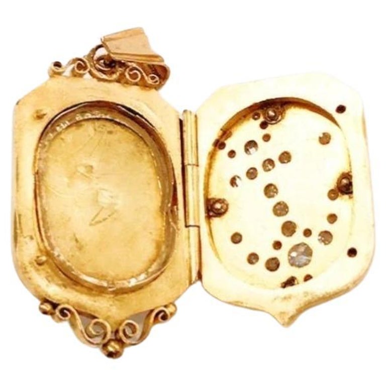 Antique 14k Gold Old Mine Cut Diamond Locket Pendant For Sale at 1stDibs