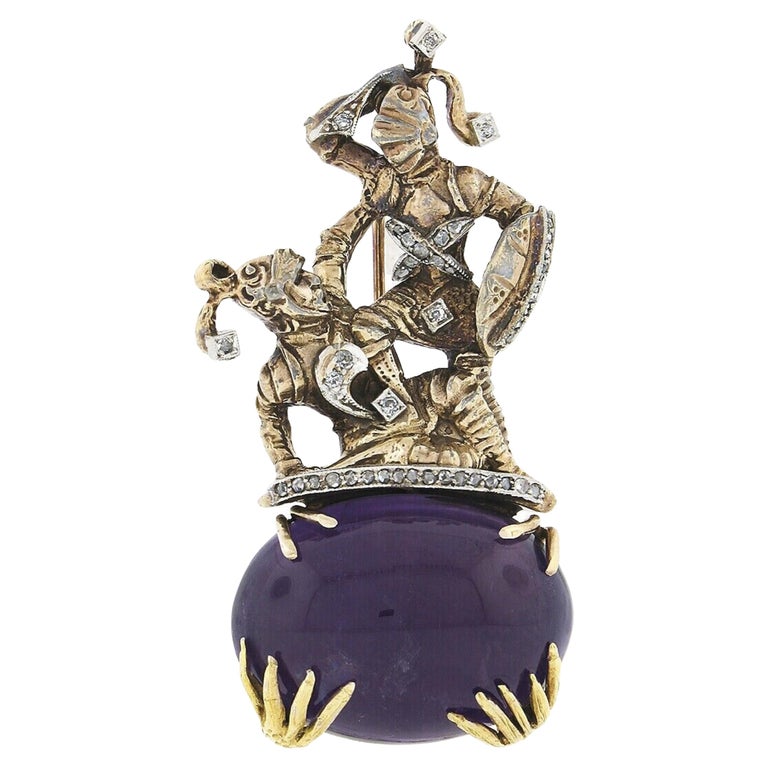 Antique 14k Gold Platinum Diamond Detailed Knights Fighting on Amethyst ...