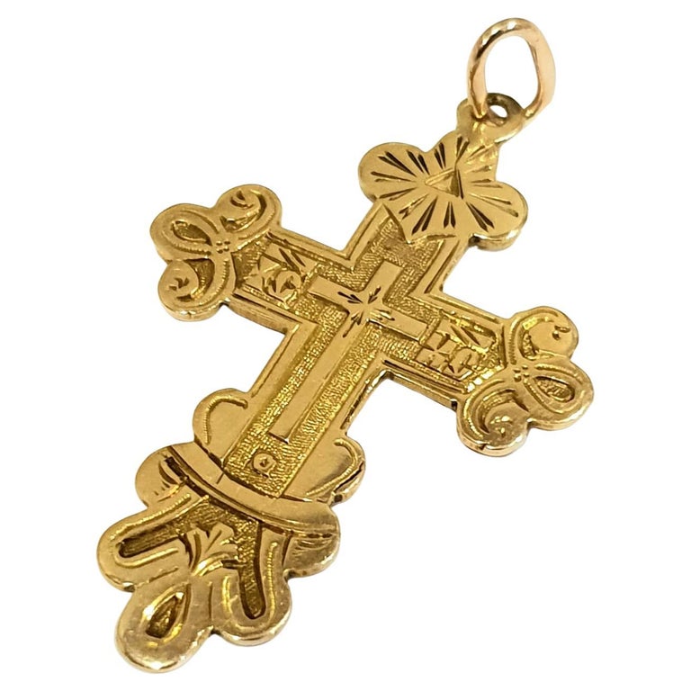 Antique 14k Gold Russian Cross Pendant For Sale at 1stDibs