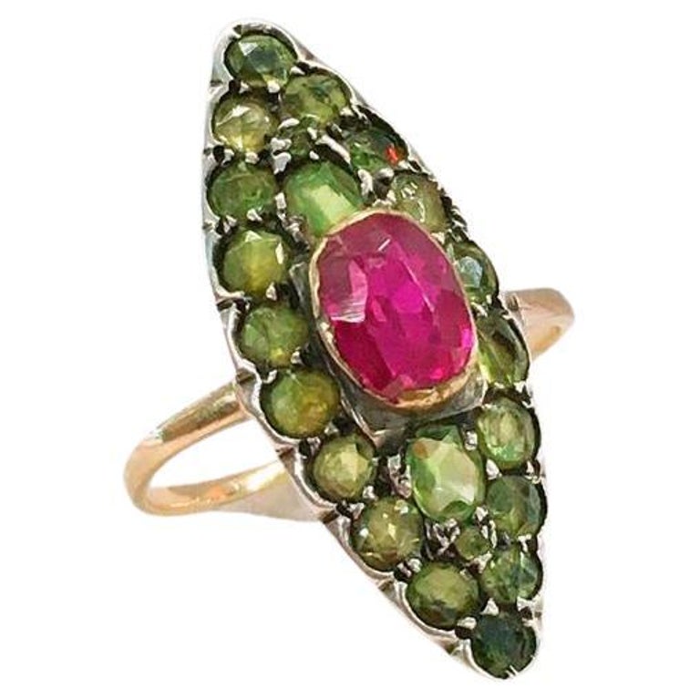 Antique 14k Gold Russian Demantoid and Ruby Ring For Sale at 1stDibs