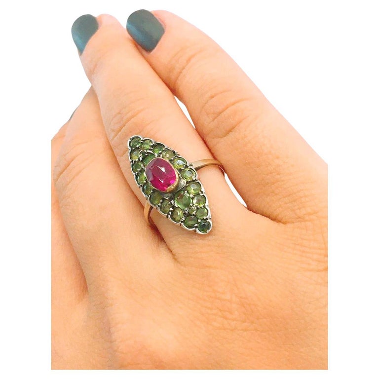 Antique 14k Gold Russian Demantoid and Ruby Ring For Sale at 1stDibs