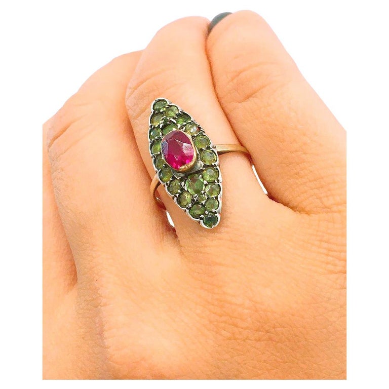 Antique 14k Gold Russian Demantoid and Ruby Ring For Sale at 1stDibs