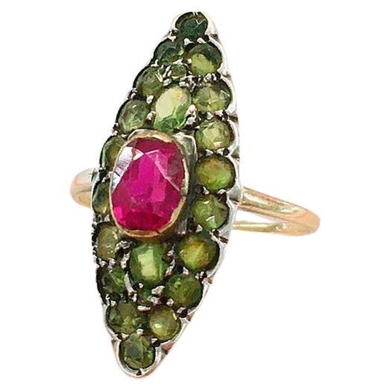 Antique 14k Gold Russian Demantoid and Ruby Ring For Sale at 1stDibs