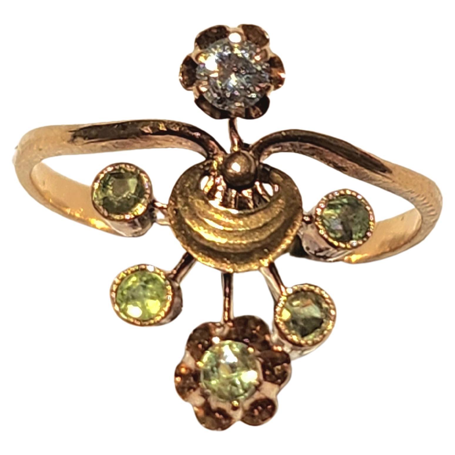 Antique 14k Gold Russian Diamond and Demantoid Ring For Sale at 1stDibs