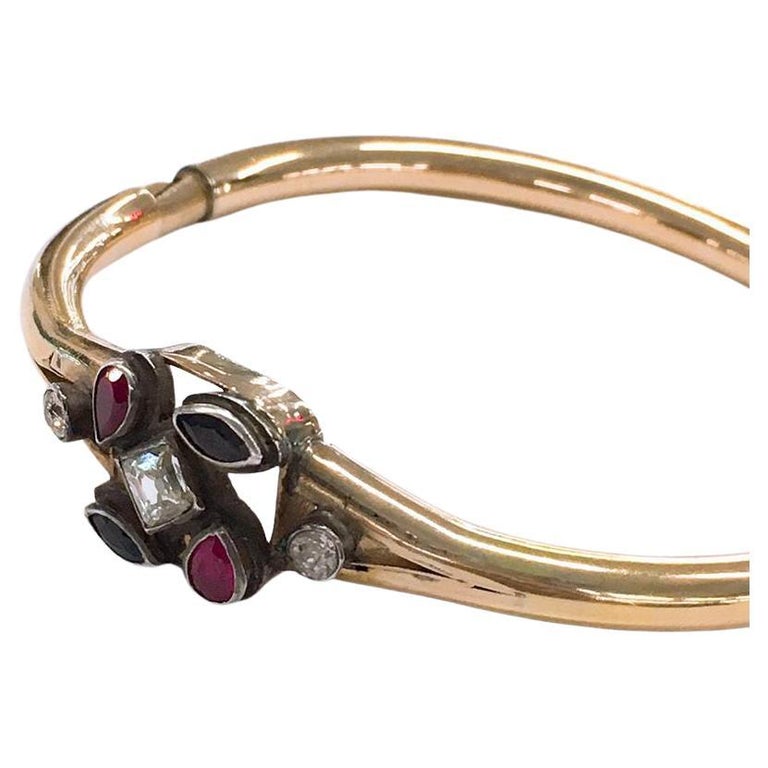 Antique 14k Gold Russian Diamond Sapphier Ruby Cuff Braclet For Sale at ...