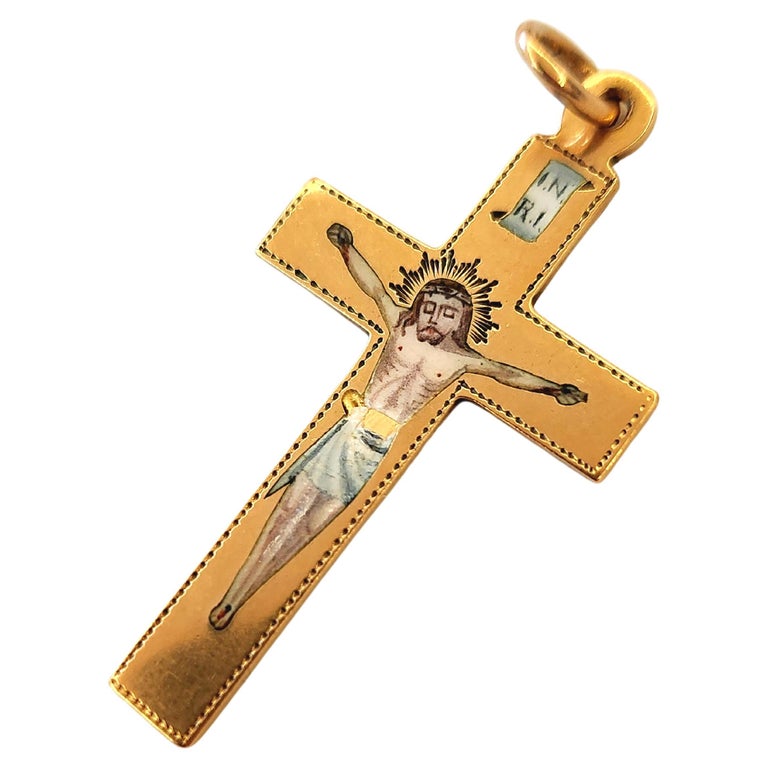 Antique 14k Gold Russian Enamal Cross Pendant For Sale at 1stDibs