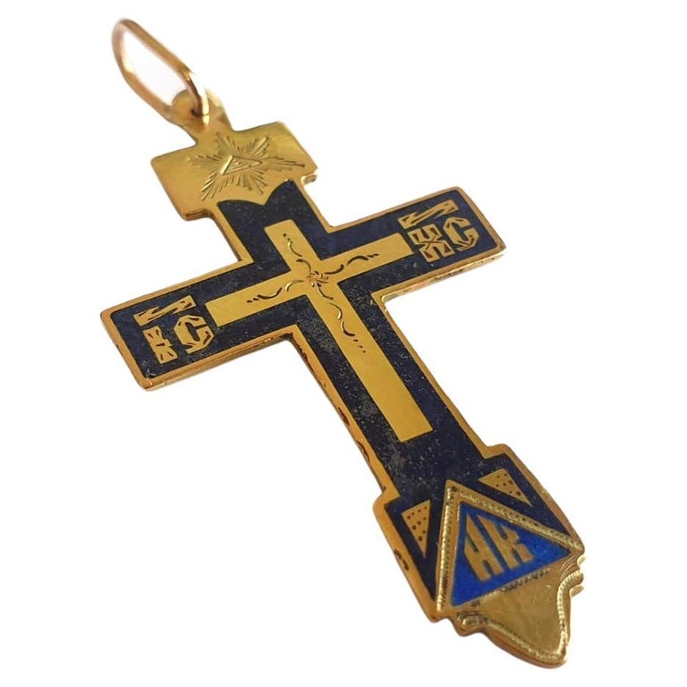 Antique Enamel Russian Gold Cross Pendant For Sale at 1stDibs