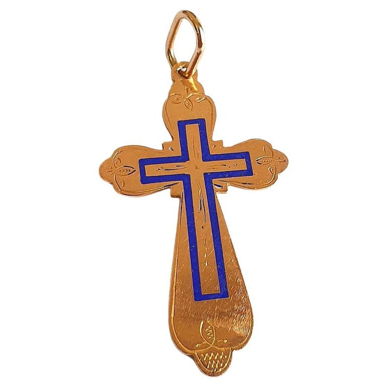 Antique 14k Gold Russian Enamel Cross Pendant For Sale at 1stDibs