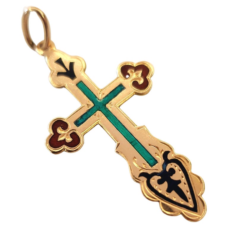 Antique 14k Gold Russian Enamel Cross Pendant For Sale at 1stDibs
