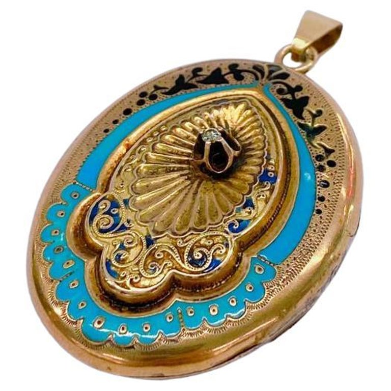 Antique Enamel Gold Locket Pendant For Sale at 1stDibs