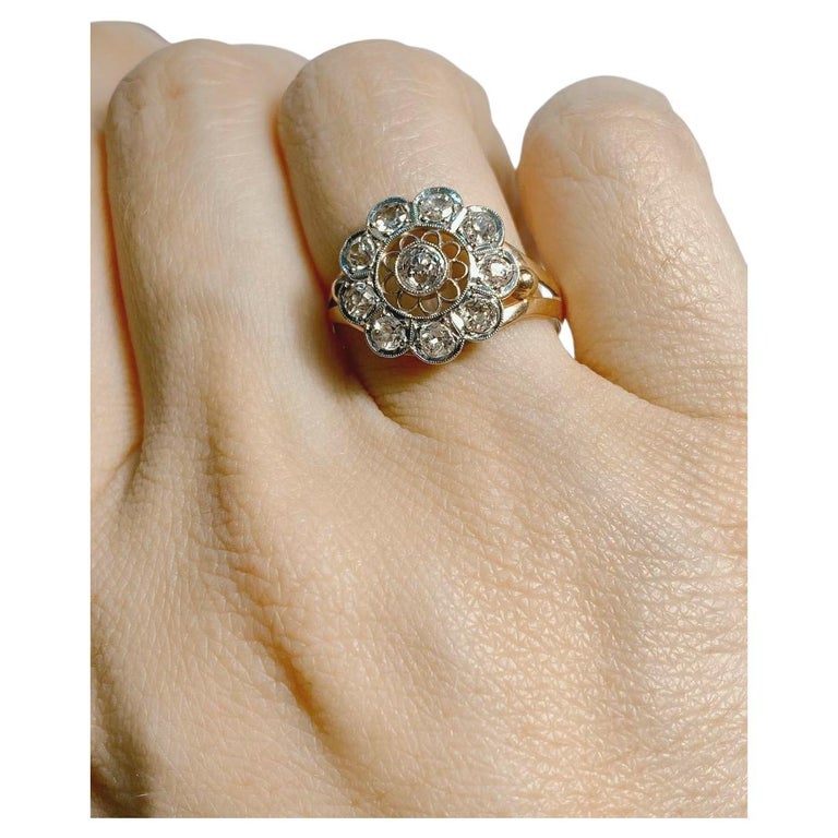 Antique 14K Gold Russian Old Mine Cut Diamond Floral Ring For Sale at ...