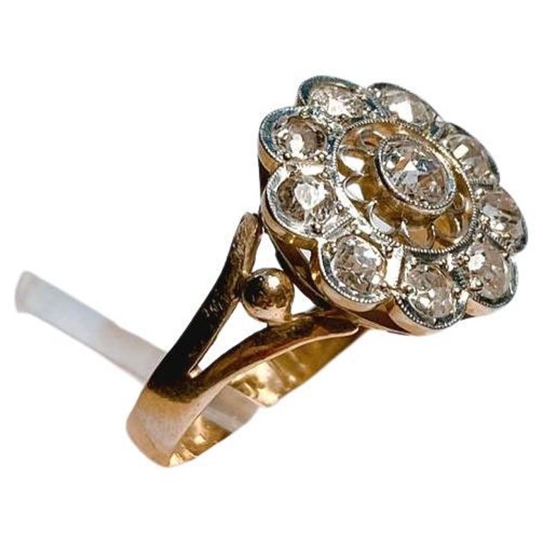 Antique 14K Gold Russian Old Mine Cut Diamond Floral Ring For Sale at ...