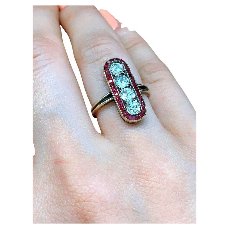 Antique 14k Gold Russian Ruby and Old Mine Cut Diamond Ring For Sale at ...