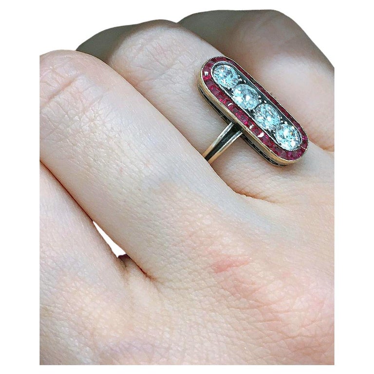 Antique 14k Gold Russian Ruby and Old Mine Cut Diamond Ring For Sale at ...