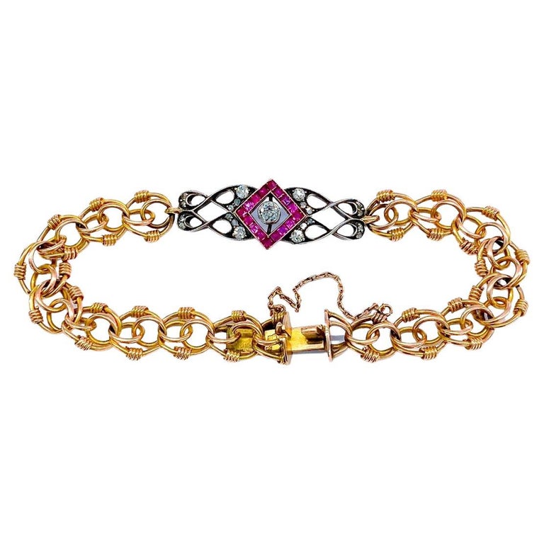 Antique 14k Gold Russian Ruby And Diamond Link Bracelet For Sale at 1stDibs