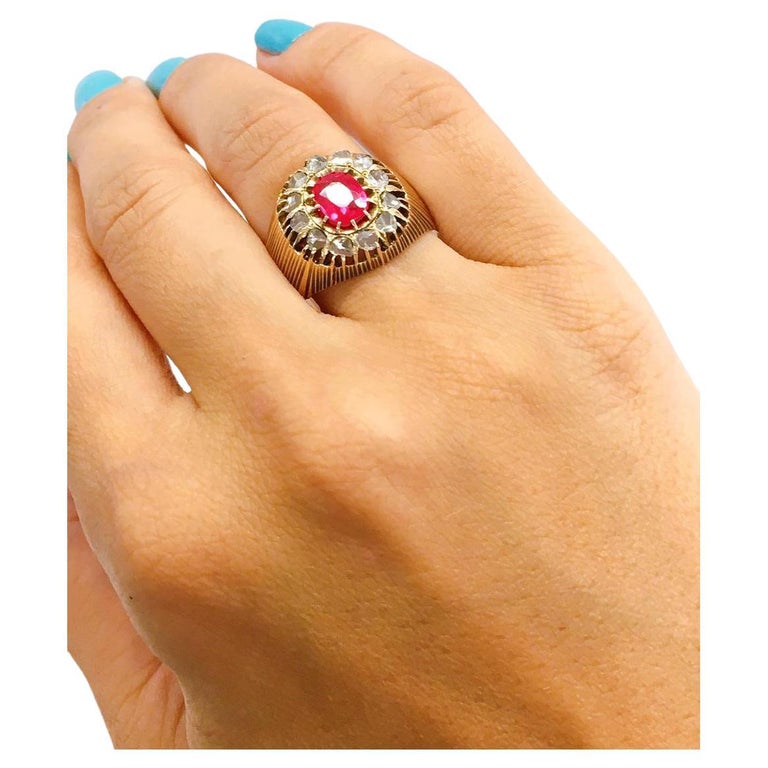 Antique 14k Gold Russian Ruby Diamond Ring For Sale at 1stDibs