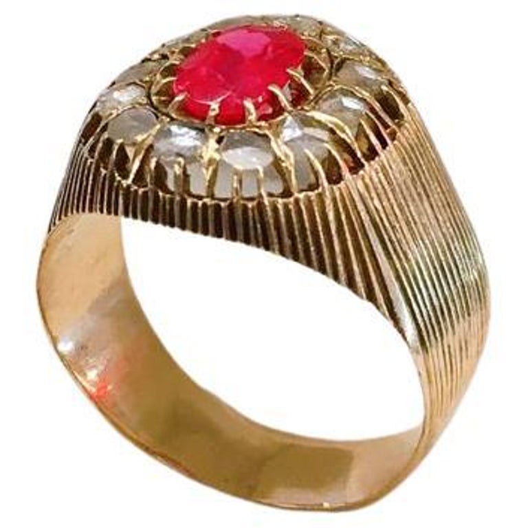 Antique Ruby And Rose Cut Diamond Russian Gold Ring For Sale at 1stDibs