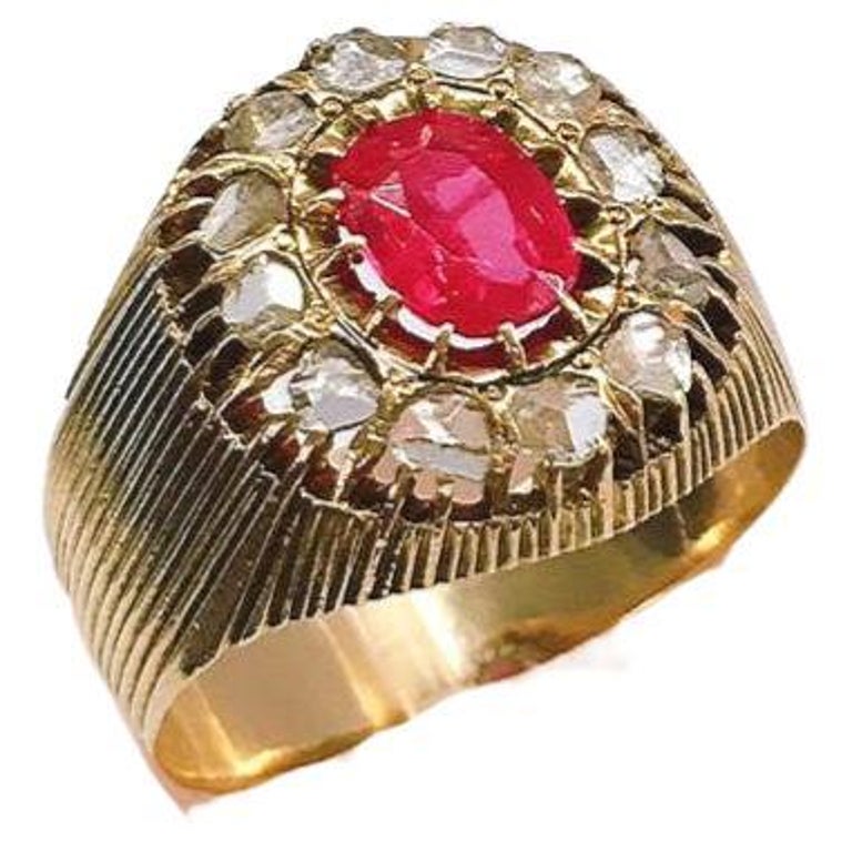 Antique 14k Gold Russian Ruby Diamond Ring For Sale at 1stDibs