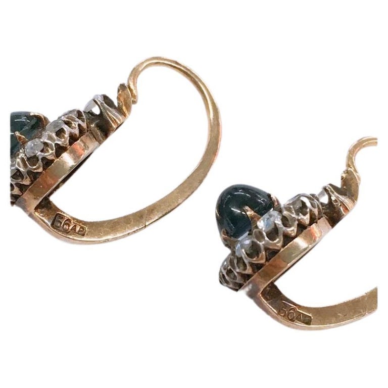 Antique Sapphire And Rose Cut Diamond Russian Gold Earrings For Sale at ...