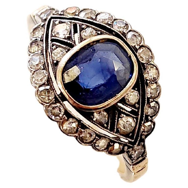 Antique 14k Gold Russian Sapphire Diamond Ring For Sale at 1stDibs