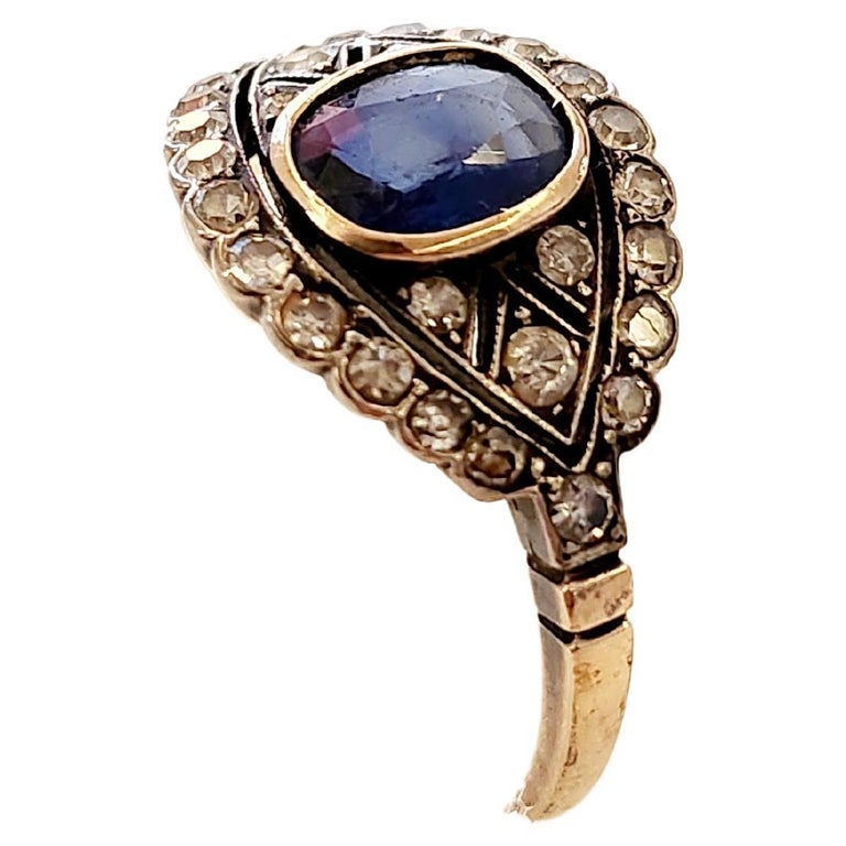 Antique 14k Gold Russian Sapphire Diamond Ring For Sale at 1stDibs