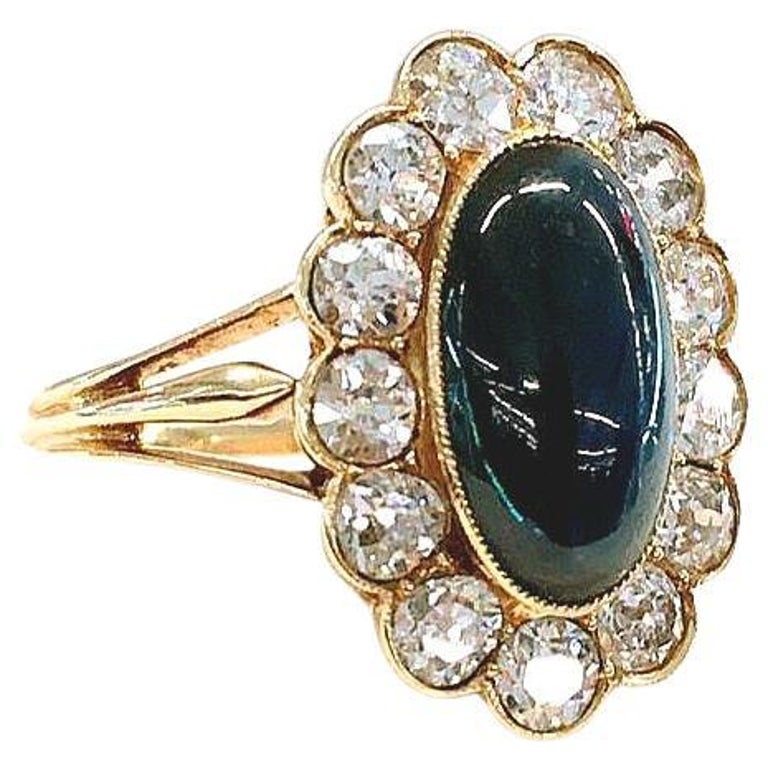 Antique 14k Gold Sapphire and Old Mine Cut Diamond Ring For Sale at 1stDibs