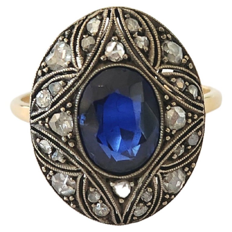 Antique 14k Gold Sappier Diamond Ring For Sale at 1stDibs