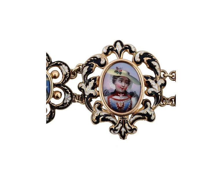 Antique 14K Gold Swiss Enamel Portraits Bracelet For Sale at 1stDibs