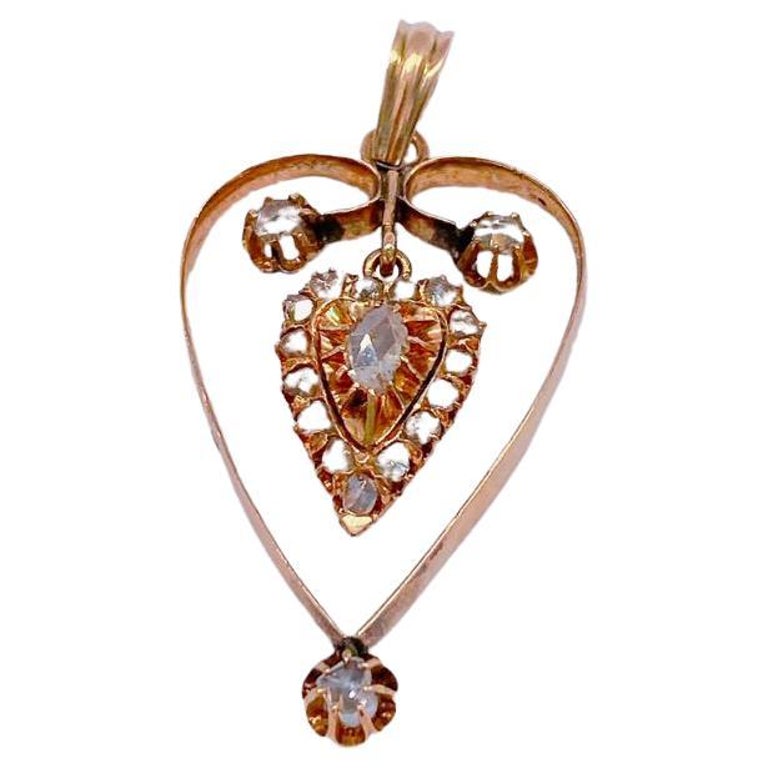 Antique 14k Rose Cut Diamond Heart Pendant For Sale at 1stDibs