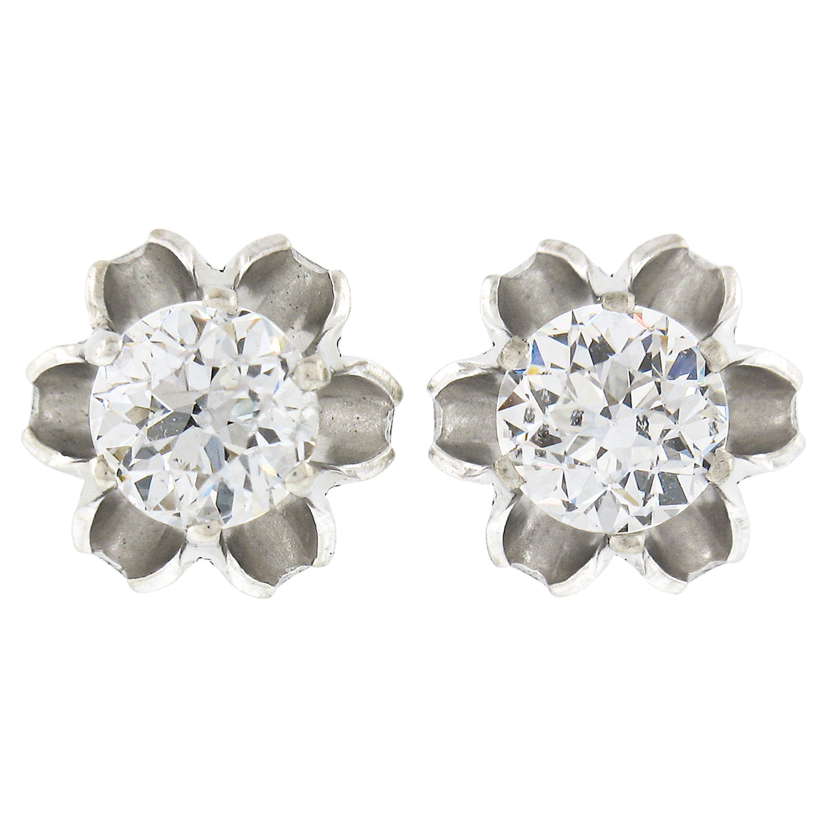 New 14K White Gold 0.85ctw European Diamond Buttercup Prong Flower Stud ...